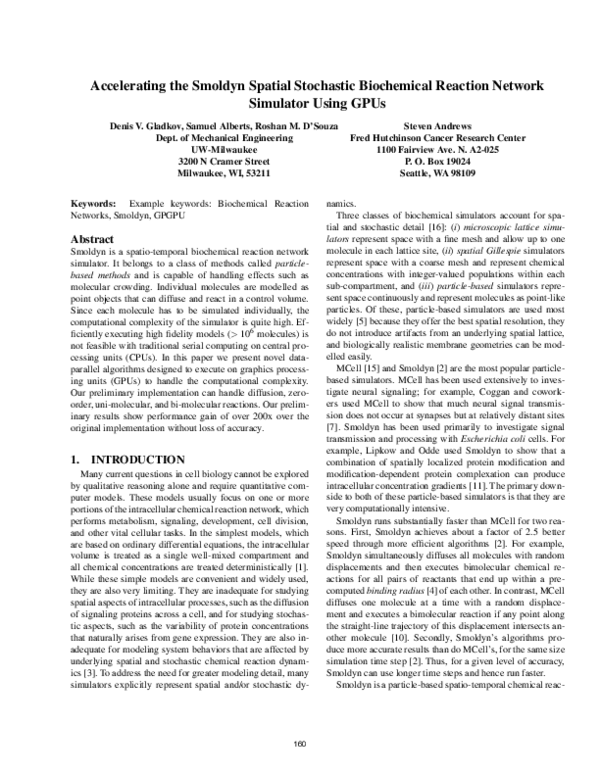 (PDF) Accelerating the smoldyn spatial stochastic biochemical reaction network simulator using GPUs