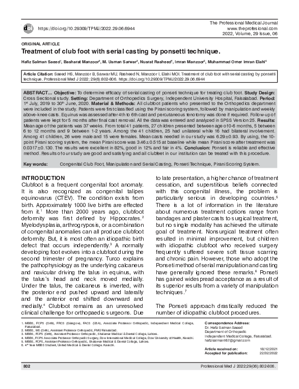 (PDF) Treatment of club foot with serial casting by ponsetti technique