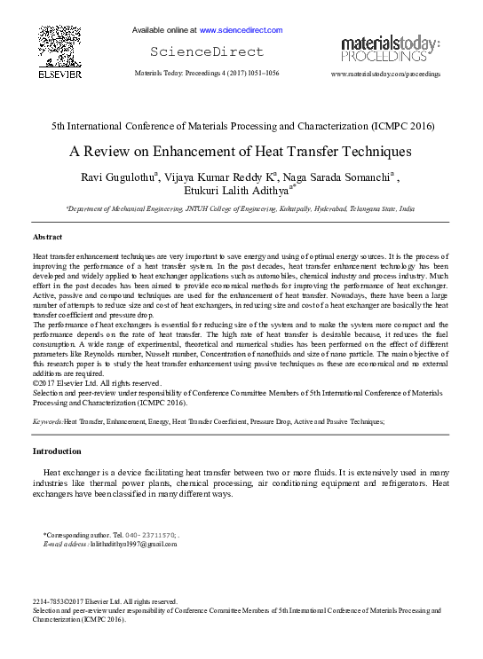 (PDF) A Review on Enhancement of Heat Transfer Techniques