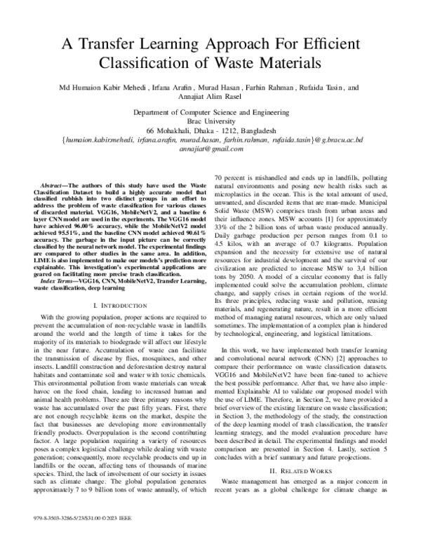 (PDF) A Transfer Learning Approach For Efficient Classification of Waste Materials