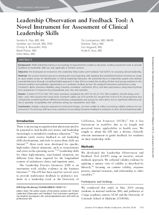 (PDF) Leadership Observation and Feedback Tool: A Novel Instrument for ...