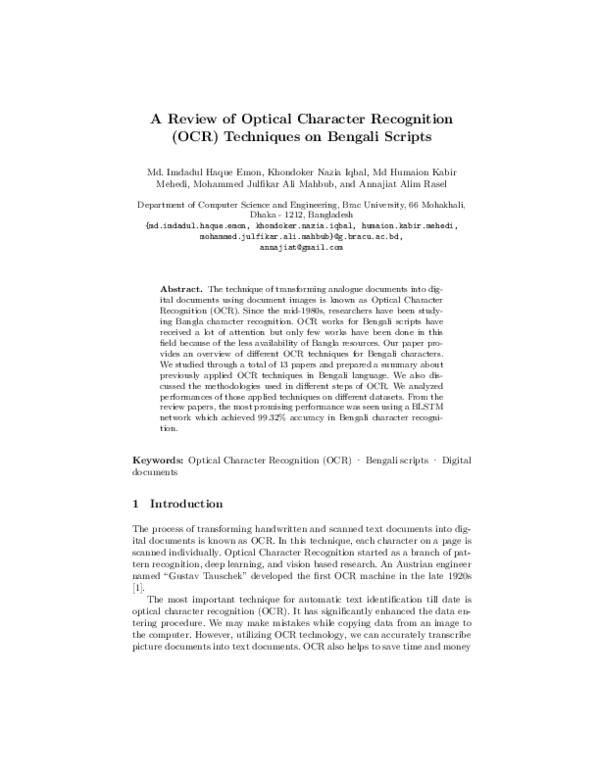 Pdf A Review Of Optical Character Recognition Ocr Techniques On