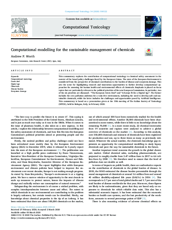 (PDF) Computational modelling for the sustainable management of chemicals