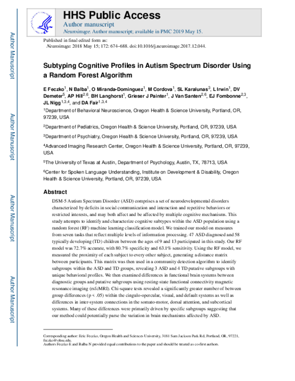 Pdf Subtyping Cognitive Profiles In Autism Spectrum Disorder Using A Functional Random Forest