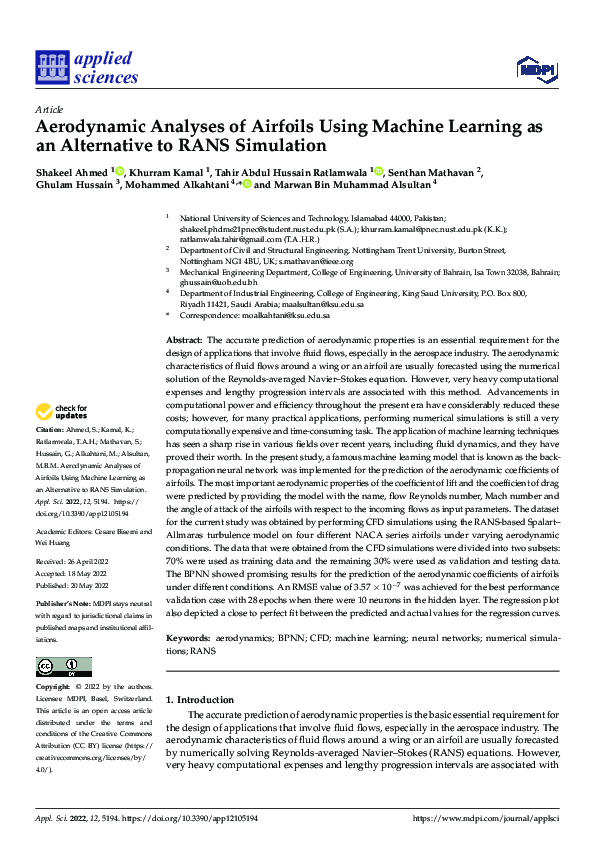 (PDF) Aerodynamic Analyses of Airfoils Using Machine Learning as an Alternative to RANS Simulation