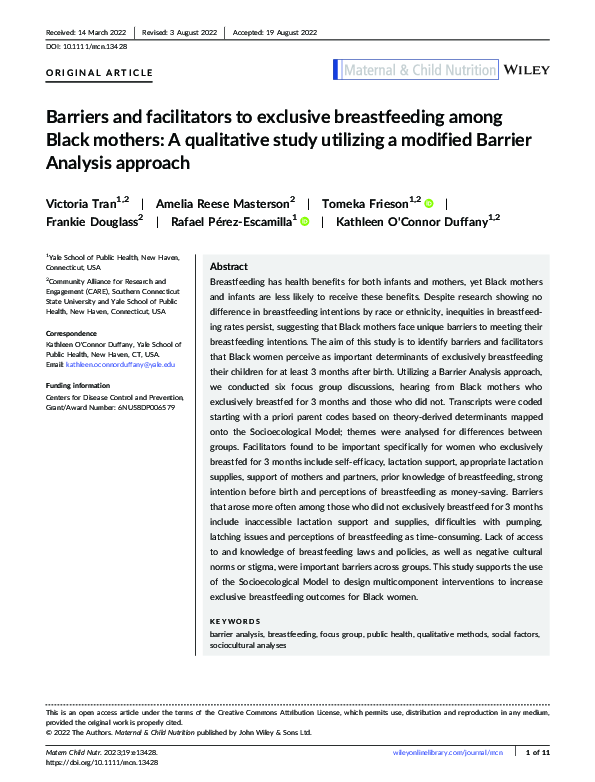 (PDF) Barriers and facilitators to exclusive breastfeeding among Black mothers: A qualitative ...