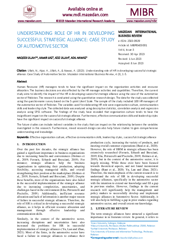 (PDF) UNDERSTANDING ROLE OF HR IN DEVELOPING SUCCESSFUL STRATEGIC ALLIANCE: CASE STUDY OF ...