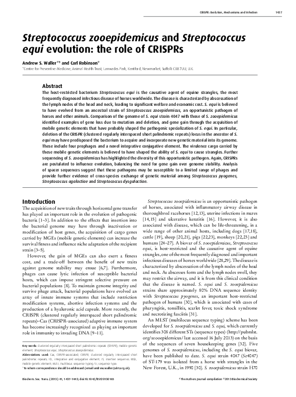 (PDF) Streptococcus zooepidemicus and Streptococcus equi evolution: the role of CRISPRs