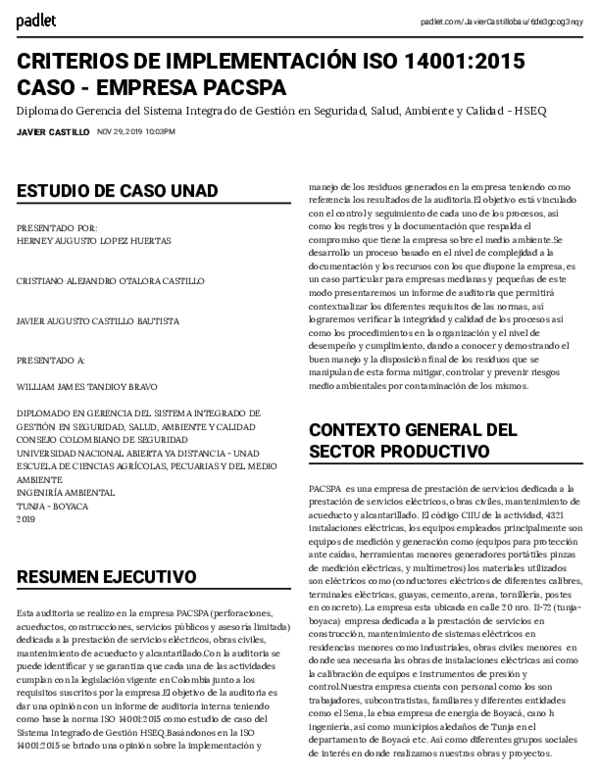 (PDF) Criterios de implementación ISO 14001:2015 caso - Empresa PACSPA