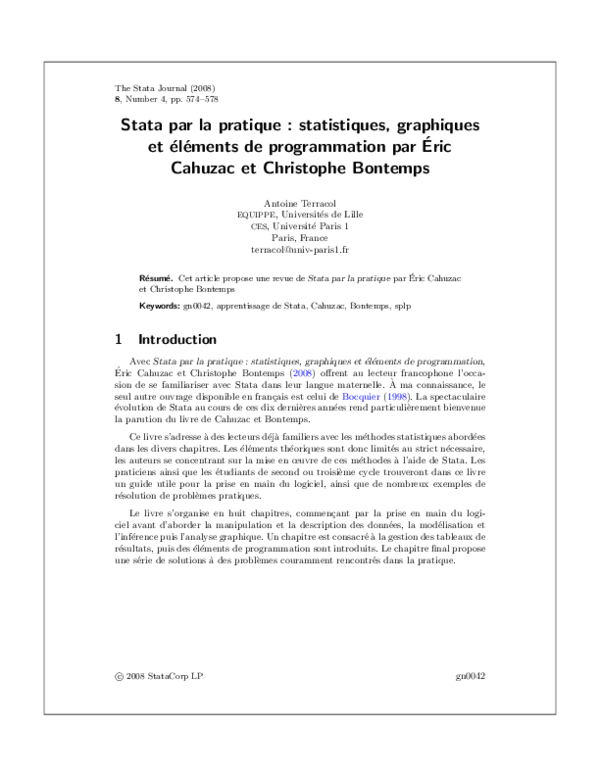 (PDF) Stata Par la Pratique: Statistiques, Graphiques et éléments de Programmation par Éric ...