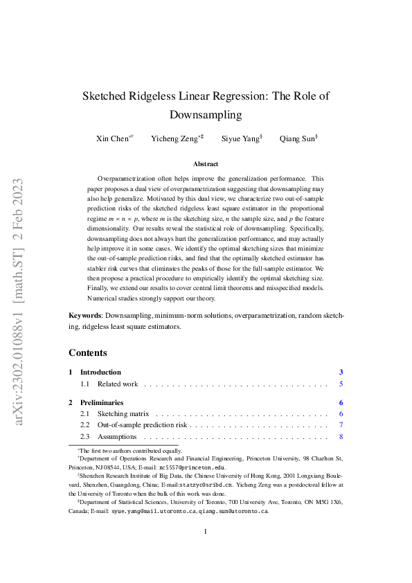 (PDF) Sketched Ridgeless Linear Regression: The Role of Downsampling | Siyue YANG - Academia.edu