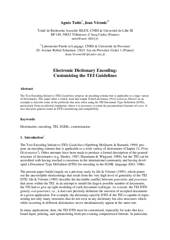 (PDF) Electronic Dictionary Encoding: Customizing the TEI Guidelines