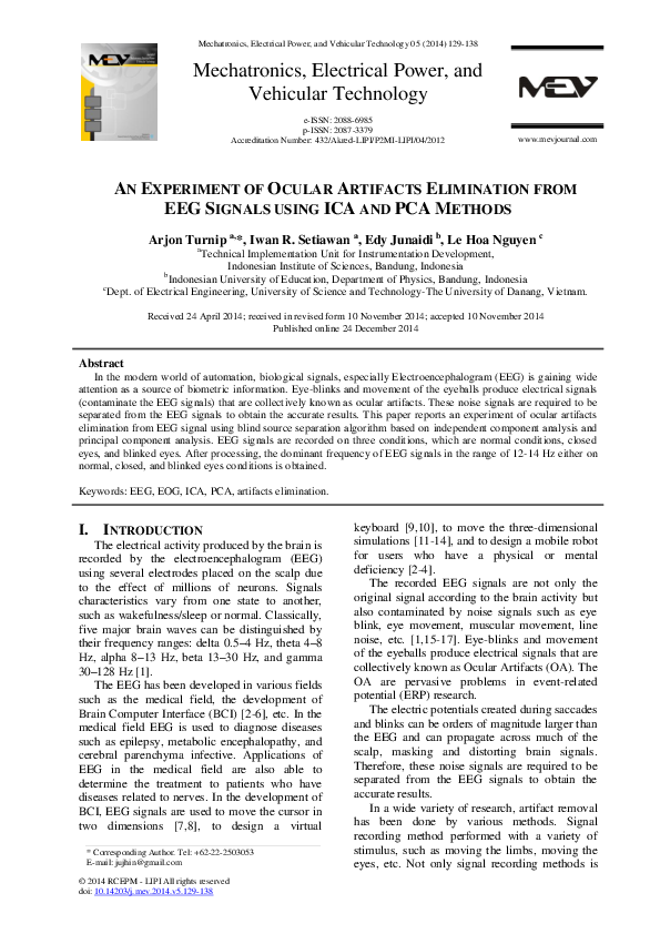 Pdf An Experiment Of Ocular Artifacts Elimination From Eeg Signals Using Ica And Pca Methods
