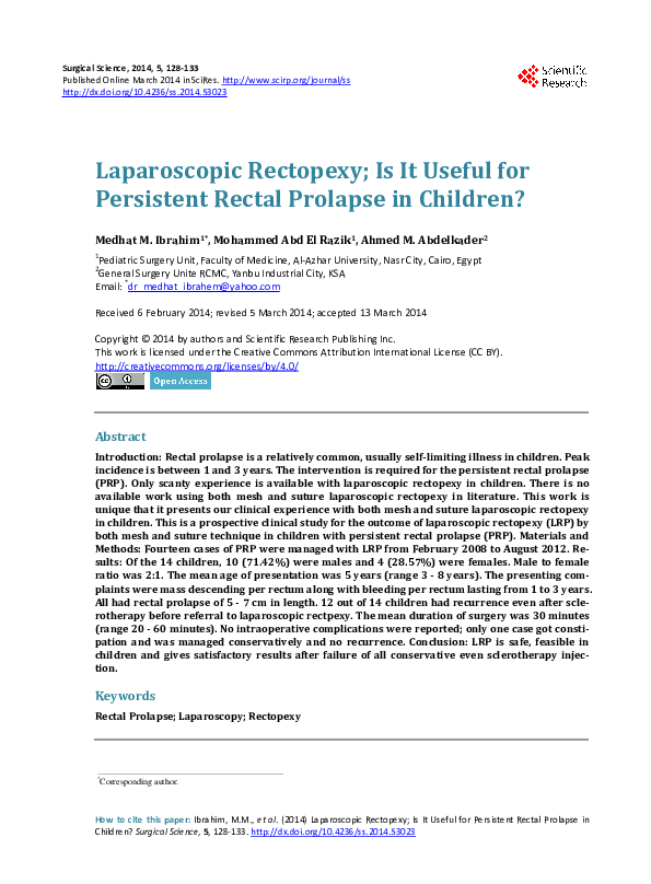 (PDF) Laparoscopic Rectopexy; Is It Useful for Persistent Rectal ...