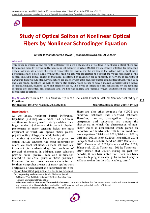 (PDF) Study of Optical Soliton of Nonlinear Optical Fibers by Nonlinear ...