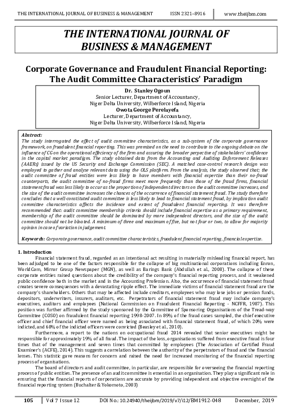 (PDF) Corporate Governance and Fraudulent Financial Reporting: The Audit Committee ...