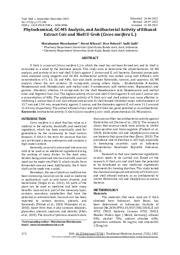 (PDF) Phytochemical, GC-MS Analysis, and Antibacterial Activity of Ethanol Extract Coir and ...