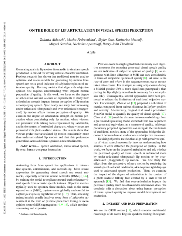 (PDF) On the Role of LIP Articulation in Visual Speech Perception