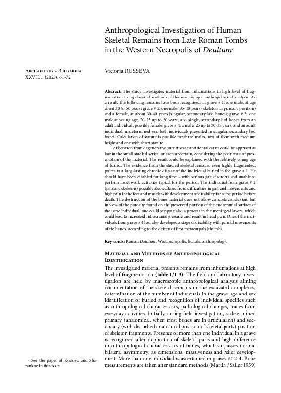 (PDF) Anthropological Investigation of Human Skeletal Remains from Late ...