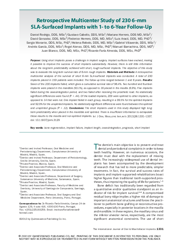 (PDF) Retrospective Multicenter Study of 230 6-mm SLA-Surfaced Implants with 1- to 6-Year Follow-Up
