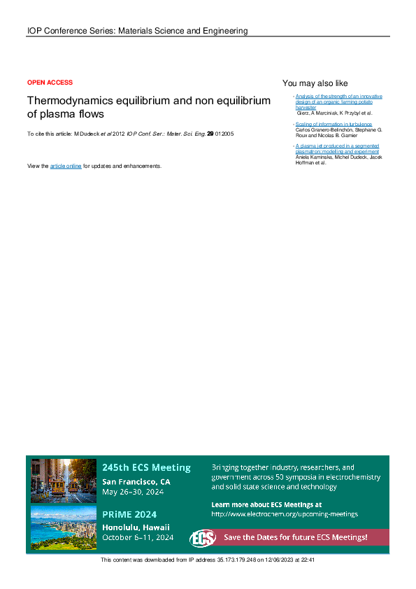 (PDF) Thermodynamics equilibrium and non equilibrium of plasma flows