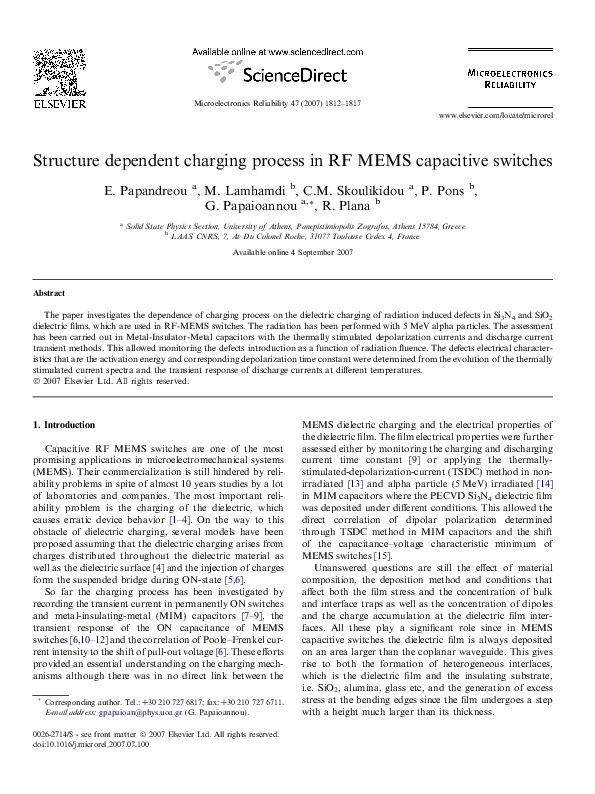 Pdf Structure Dependent Charging Process In Rf Mems Capacitive Switches Mohamed Lamhamdi
