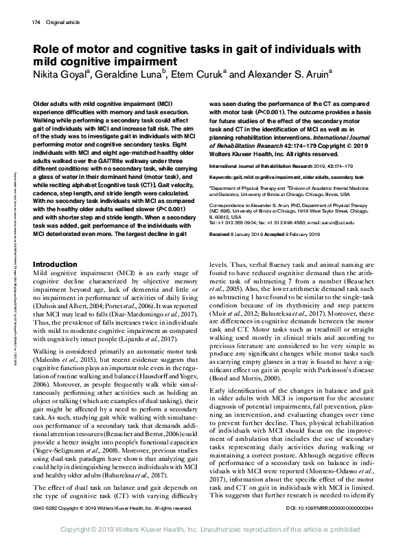 (PDF) Role of motor and cognitive tasks in gait of individuals with mild cognitive impairment