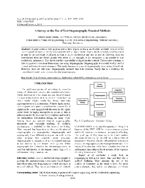 (PDF) A Survey on the Use of Text Steganography Practical Methods