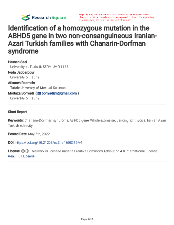 (PDF) Identification of a homozygous mutation in the ABHD5 gene in two non-consanguineous ...