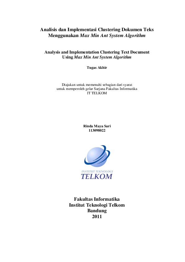 Pdf Analisis Dan Implementasi Clustering Dokumen Teks Menggunakan Max Min Ant System Algorithm