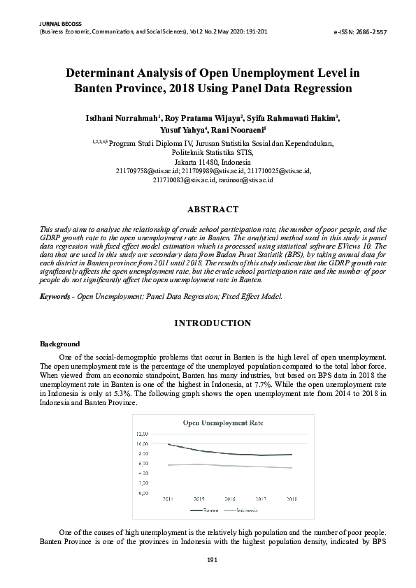 (PDF) Determinant Analysis of Open Unemployment Level in Banten Province, 2018 Using Panel Data ...