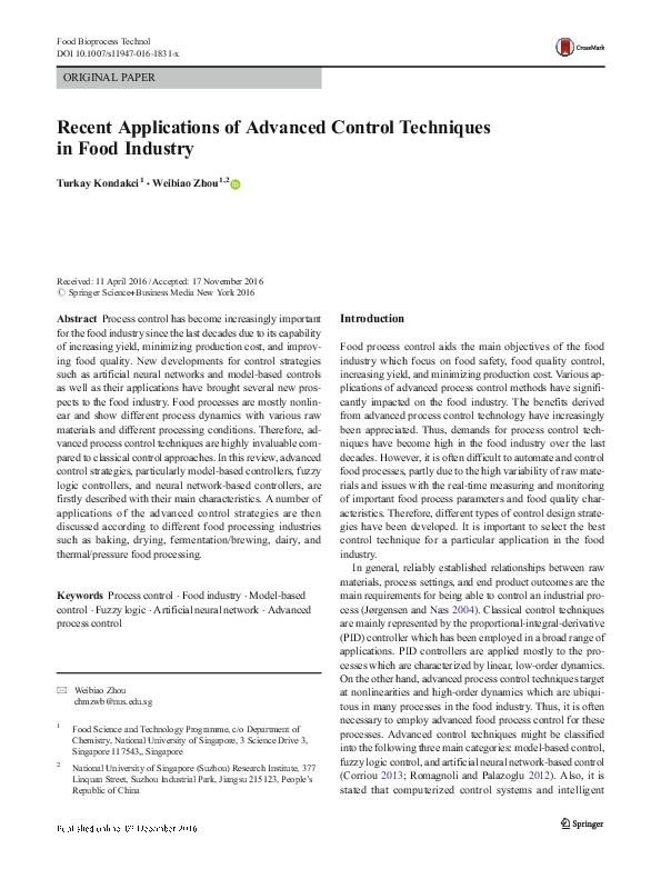 (PDF) Recent Applications of Advanced Control Techniques in Food Industry