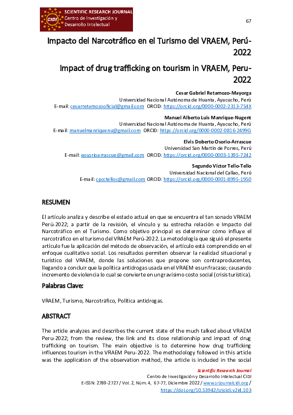 (PDF) Impacto del Narcotráfico en el Turismo del VRAEM, Perú-2022
