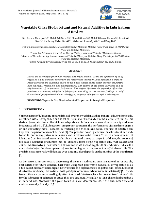 (PDF) Vegetable Oil as Bio-Lubricant and Natural Additive in ...