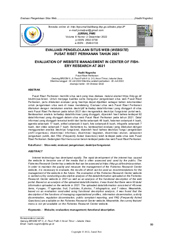 (PDF) Evaluasi Pengelolaan Situs Web (Website) Pusat Riset Perikanan Tahun 2021
