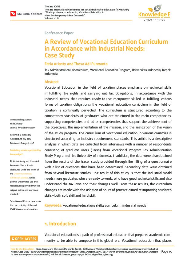 (PDF) A Review of Vocational Education Curriculum in Accordance with Industrial Needs: Case Study
