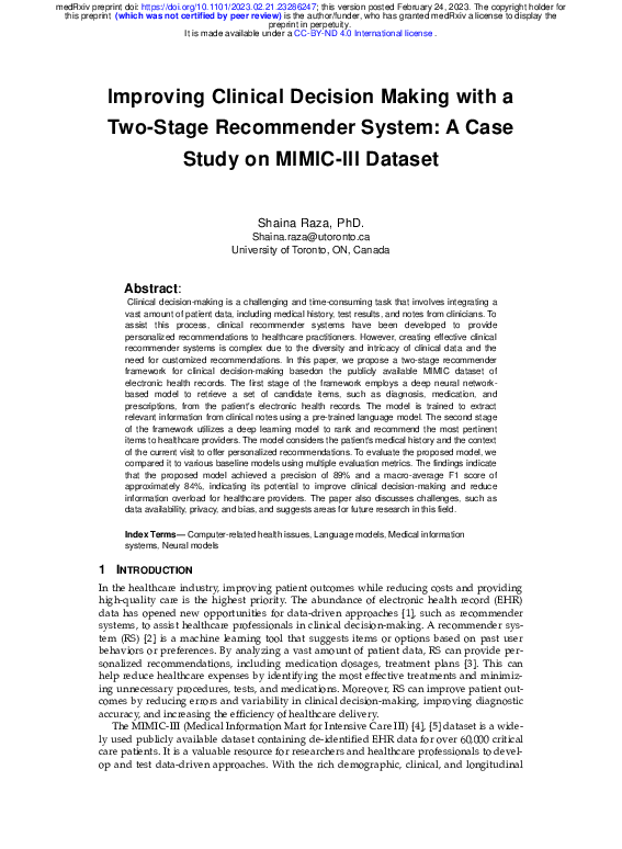 (PDF) Improving Clinical Decision Making with a Two-Stage Recommender System: A Case Study on ...