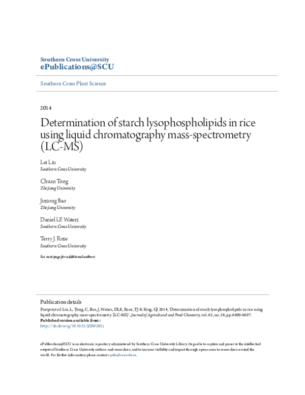 (PDF) Determination of starch lysophospholipids in rice using liquid ...