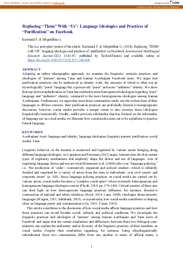 (PDF) Replacing “Them” With “Us”: Language Ideologies and Practices of “Purification” on ...