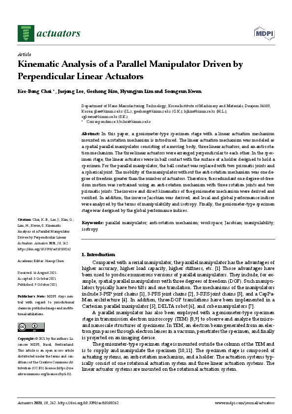 (PDF) Kinematic Analysis of a Parallel Manipulator Driven by ...