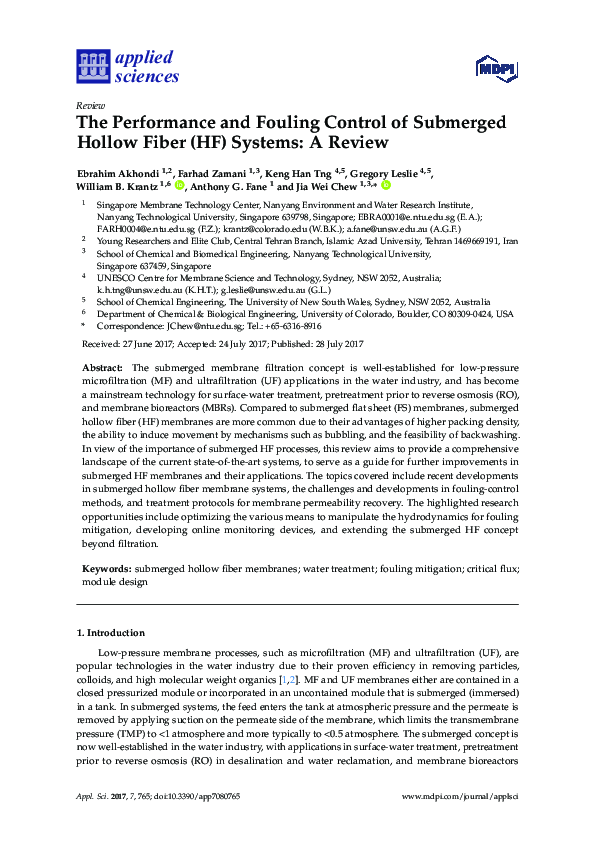 (PDF) The Performance and Fouling Control of Submerged Hollow Fiber (HF ...