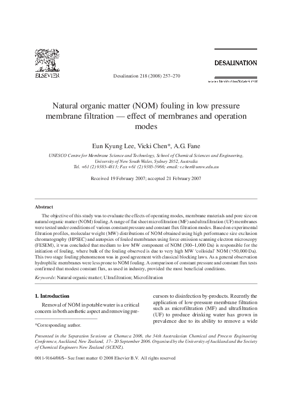 (PDF) Natural organic matter (NOM) fouling in low pressure membrane filtration — effect of ...