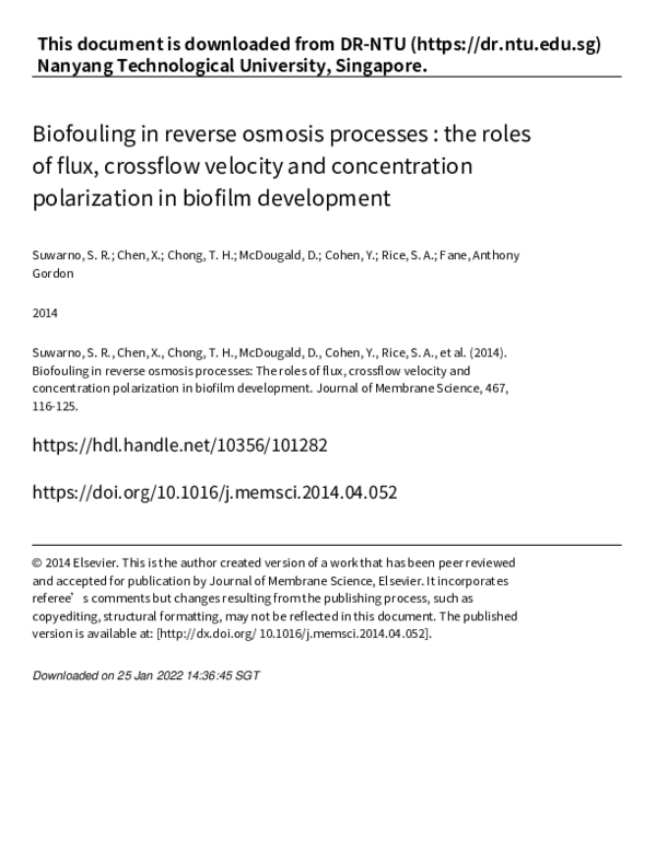 (PDF) Biofouling in reverse osmosis processes: The roles of flux, crossflow velocity and ...