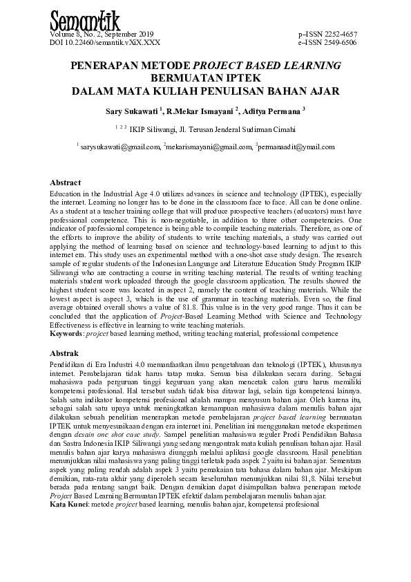 (PDF) Penerapan Metode Project Based Learning Bermuatan Iptek Dalam Mata Kuliah Penulisan Bahan Ajar