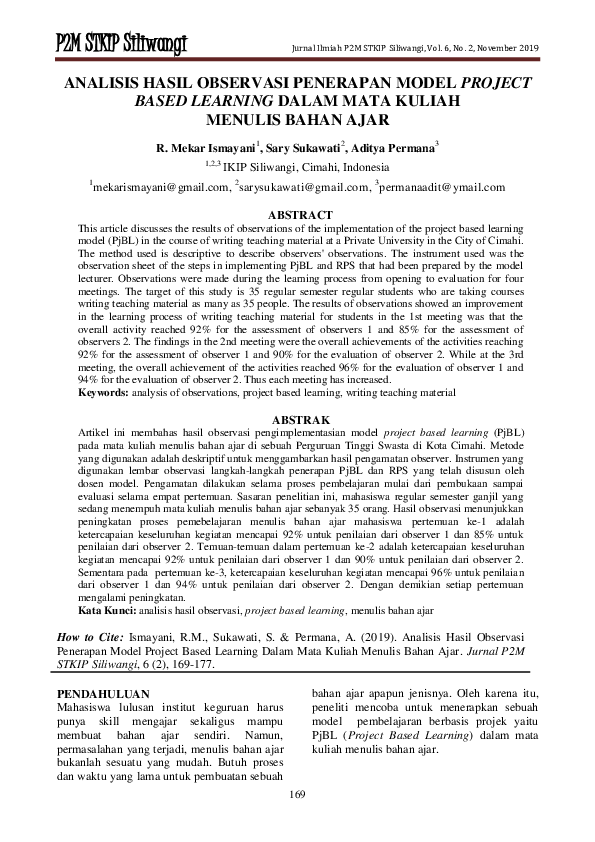 (PDF) Analisis Hasil Observasi Penerapan Model Project Based Learning Dalam Mata Kuliah Menulis ...