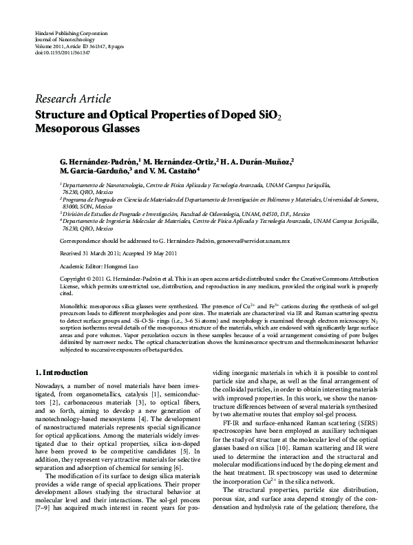 (PDF) Structure and Optical Properties of Doped SiO2 Mesoporous Glasses | marlen ortiz ...