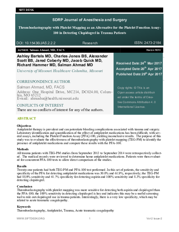 (PDF) Thromboelastography with Platelet Mapping as an Alternative for ...
