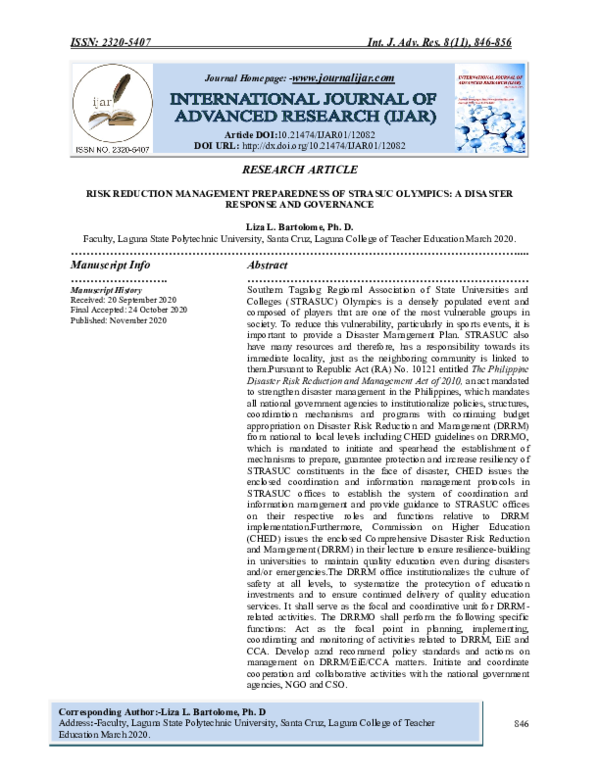 (PDF) Risk Reduction Management Preparedness of Strasuc Olympics: A ...