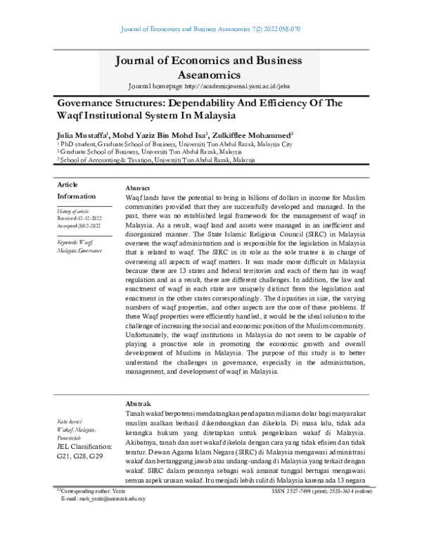 (PDF) Governance Structures: Dependability And Efficiency Of The Waqf Institutional System In ...