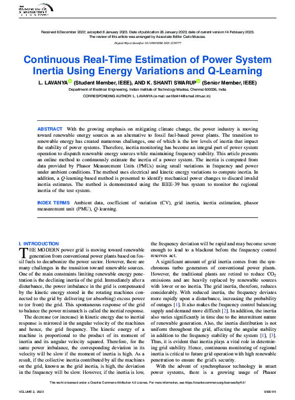 (PDF) Continuous Real-Time Estimation of Power System Inertia Using Energy Variations and Q-Learning